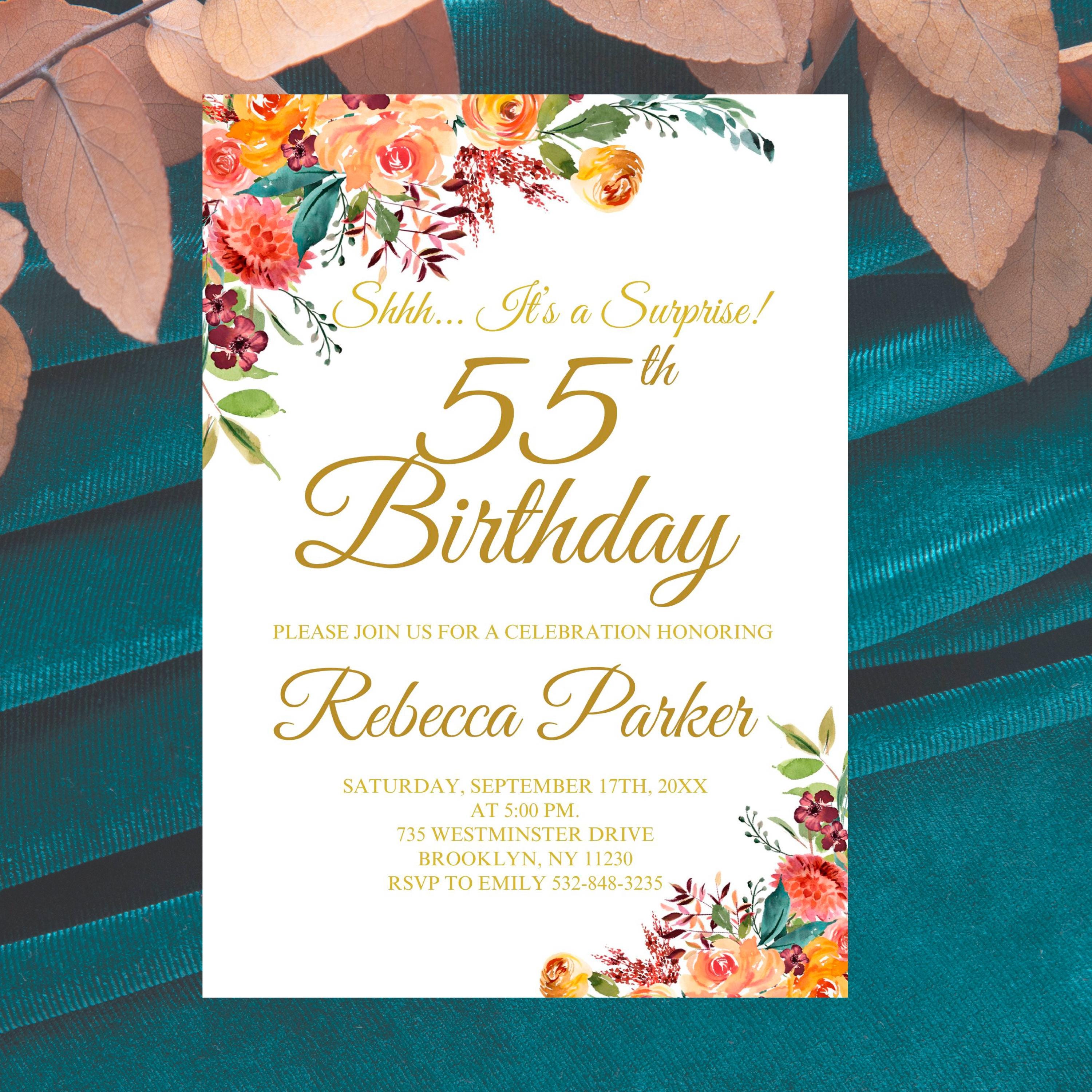 Editable 55th Birthday Party Invitation, Surprise Vintage Floral ...