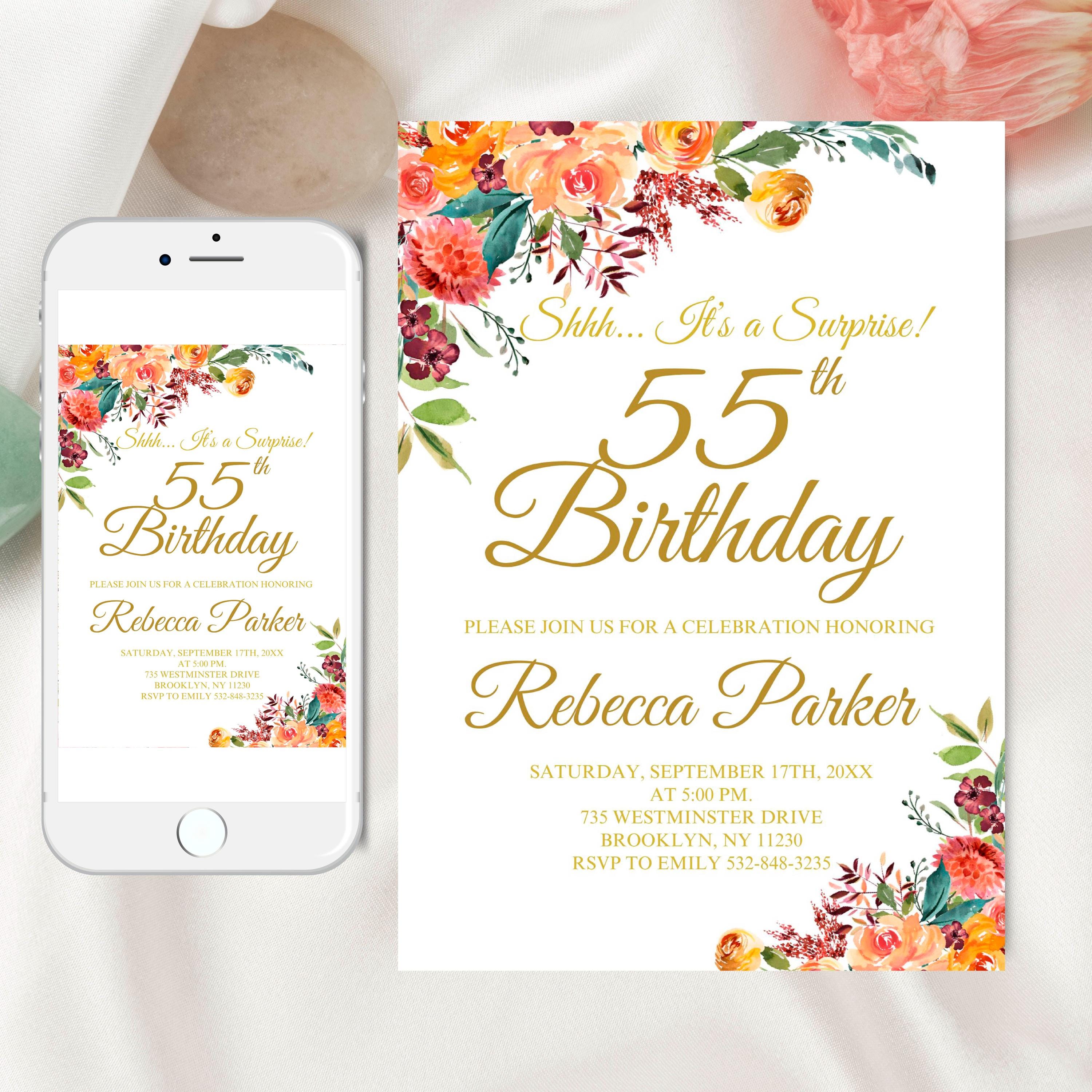 Editable 55th Birthday Party Invitation, Surprise Vintage Floral ...