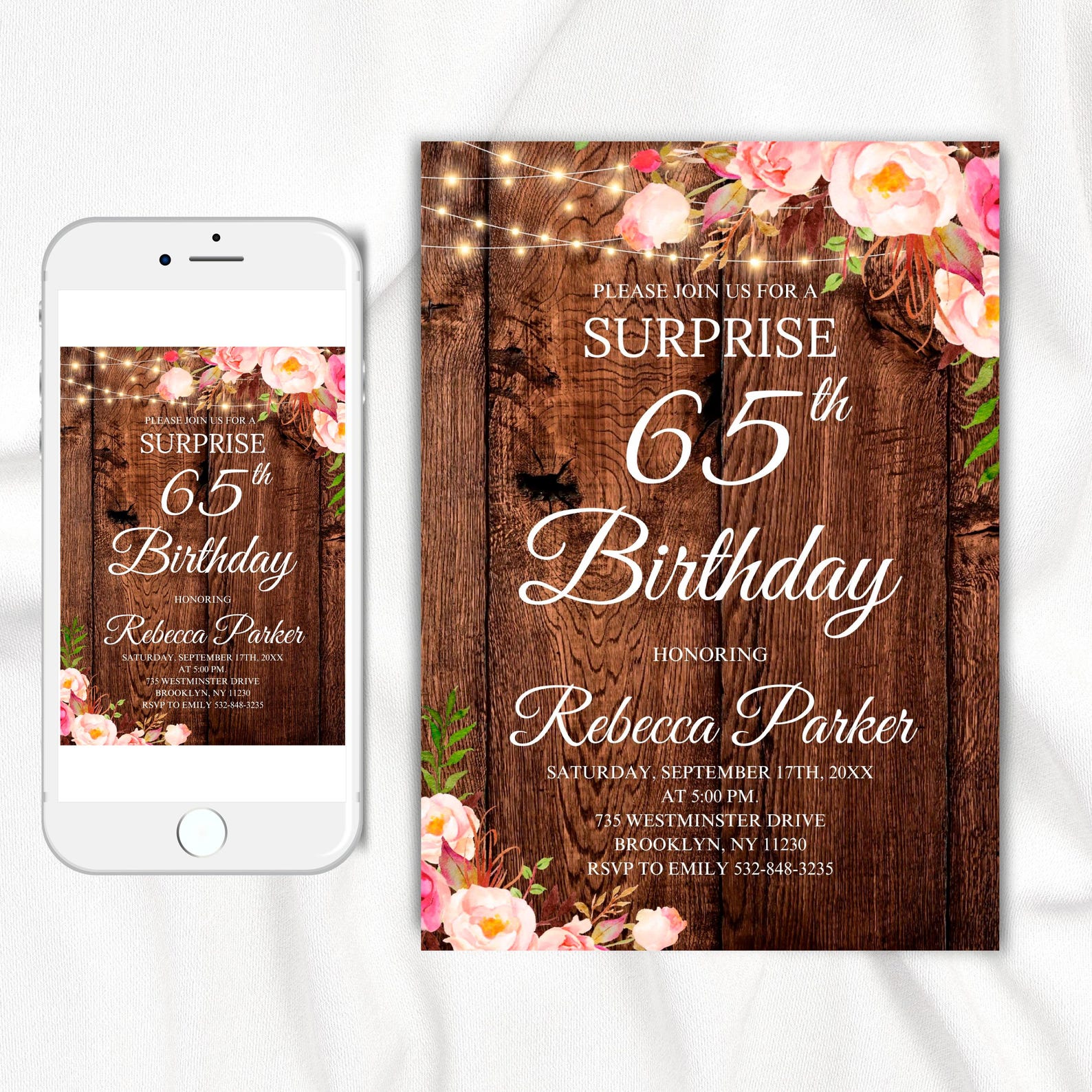 Editable 65th Birthday Invitation, Surprise Boho Floral Birthday ...