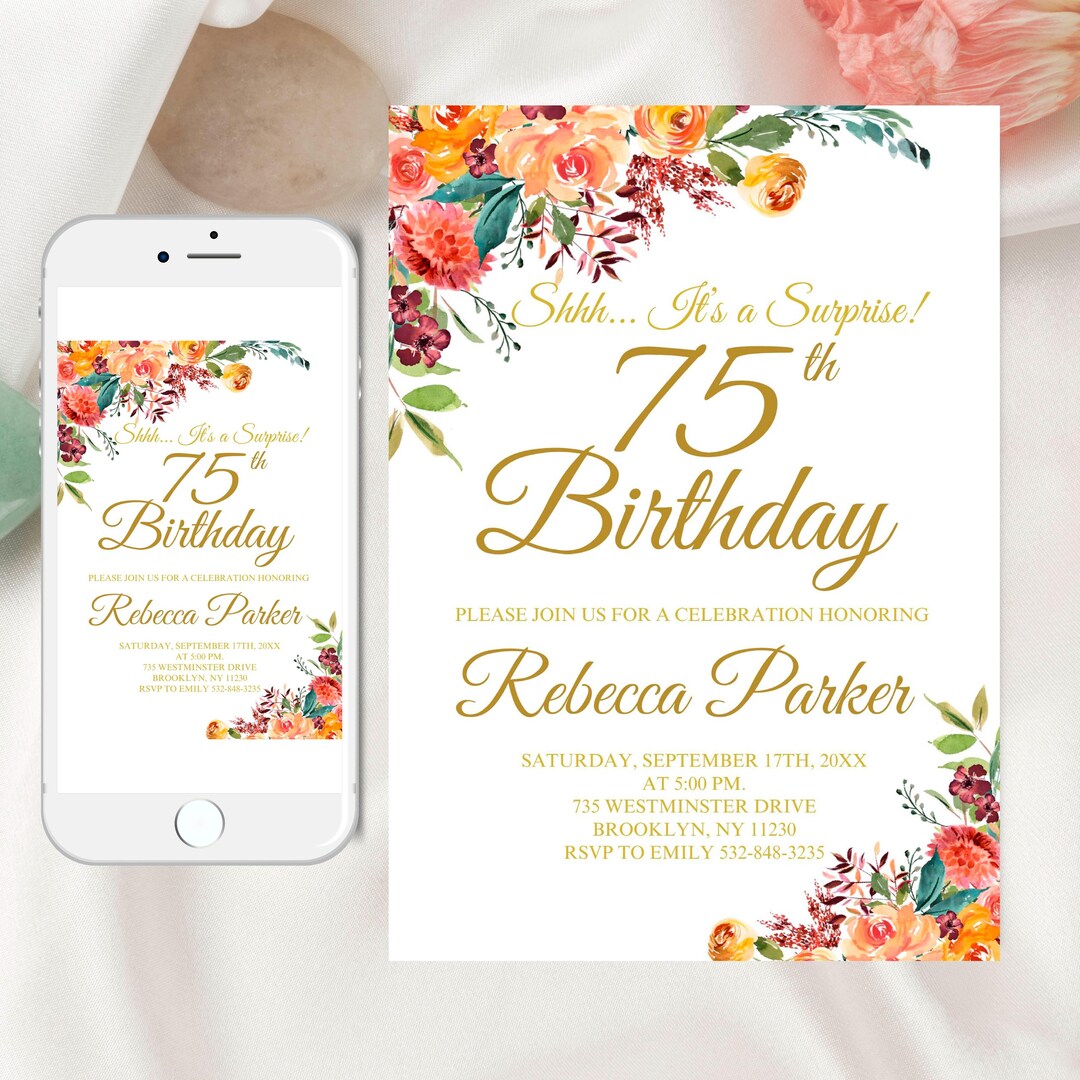 Editable 75th Birthday Party Invitation, Surprise Vintage Floral ...