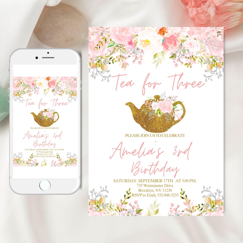 Editable Pink Floral Tea Party Invitation, Tea Party Birthday Invite ...