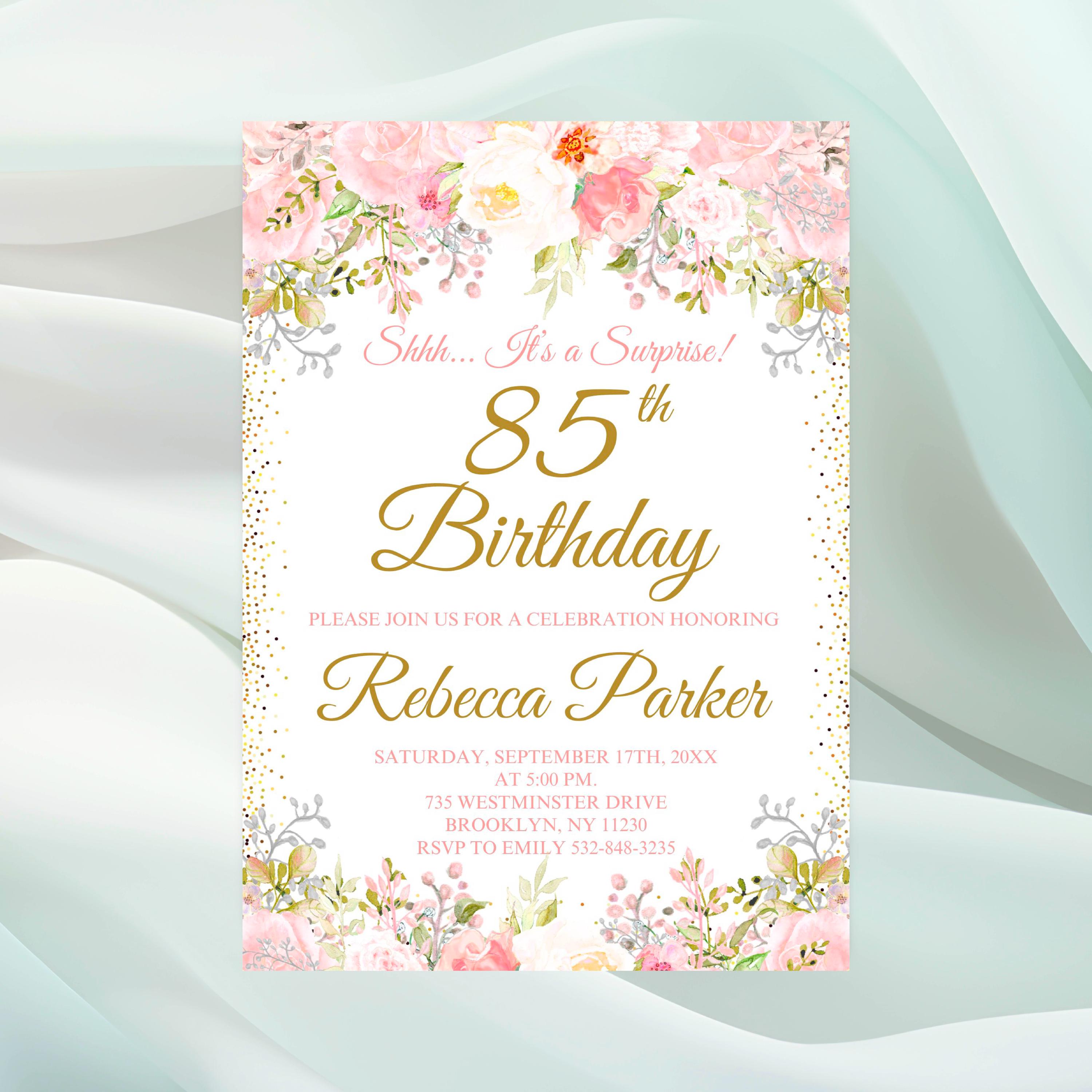 Editable 85th Birthday Invitation, Surprise Pink Floral Birthday ...