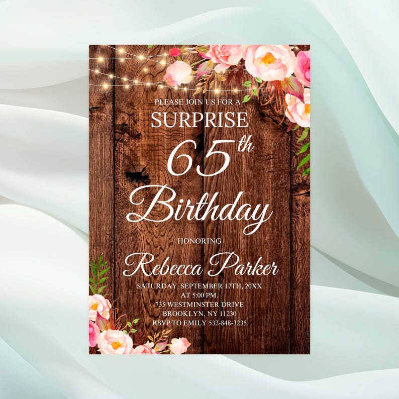 Editable 65th Birthday Invitation, Surprise Boho Floral Birthday ...