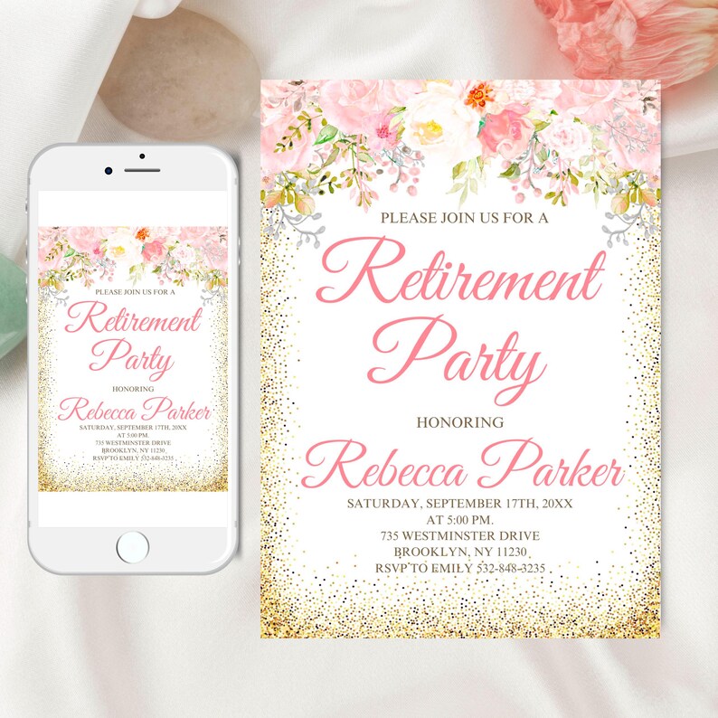 Editable Blush Pink Floral & Gold Retirement Party Invitation ...
