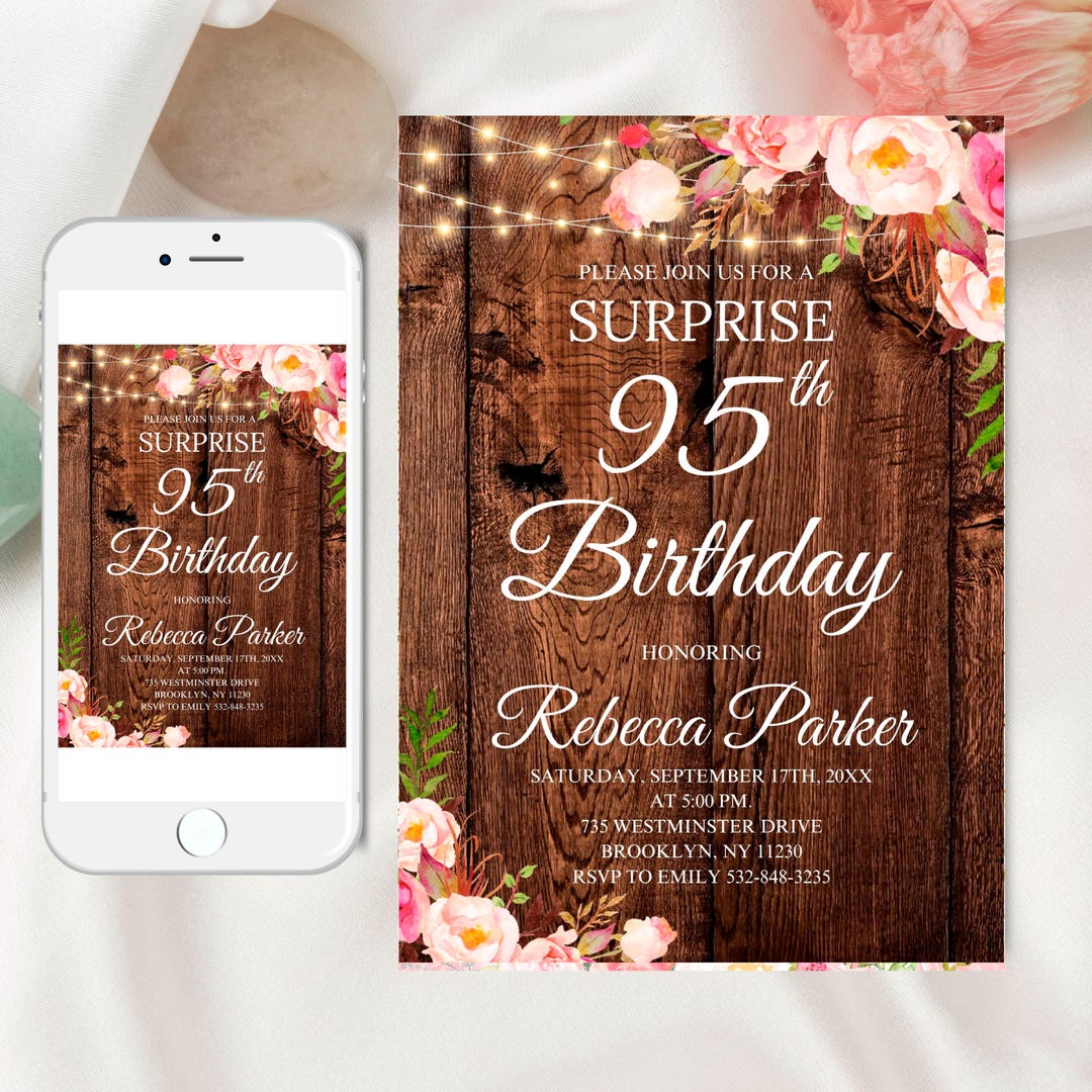 Editable 95th Birthday Invitation, Surprise Boho Floral Birthday ...