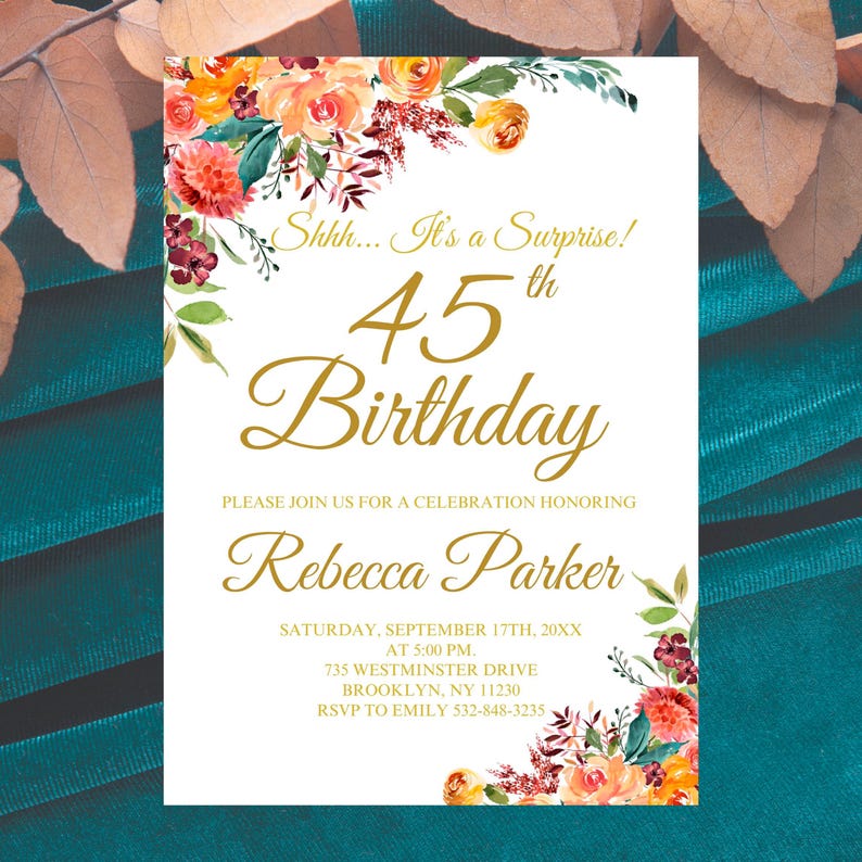 Editable 45th Birthday Party Invitation, Surprise Vintage Floral ...