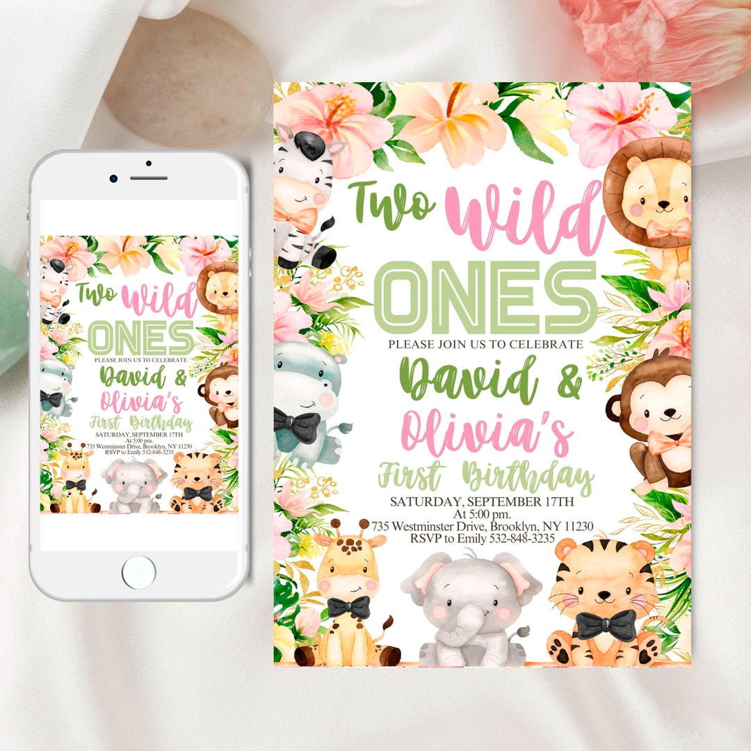 Editable Twins Safari Party Invitation, Jungle WILD Ones Animal Invite ...