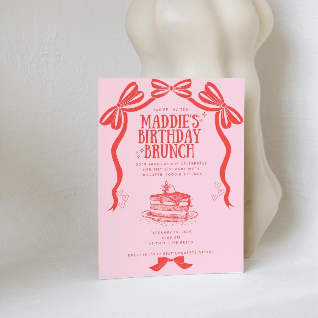 Editable Coquette Pink Bows Invitation Template for Birthdays, Brunch ...