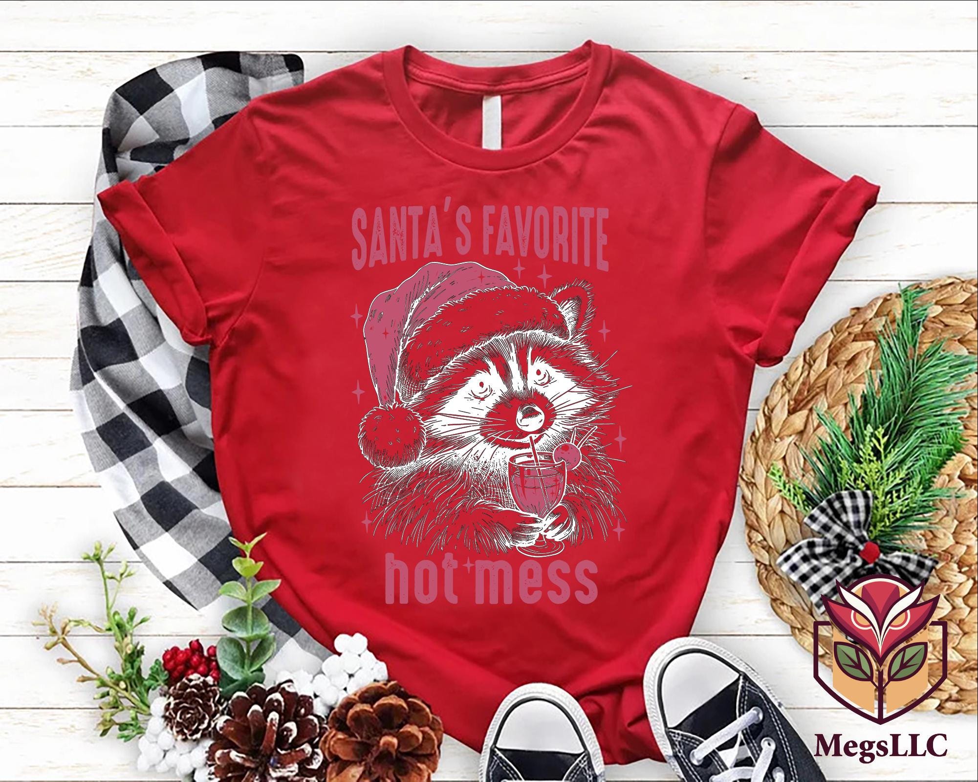 Santa's Hot Mess Raccoon Shirt, Funny Trendy Pink Merry Christmas ...