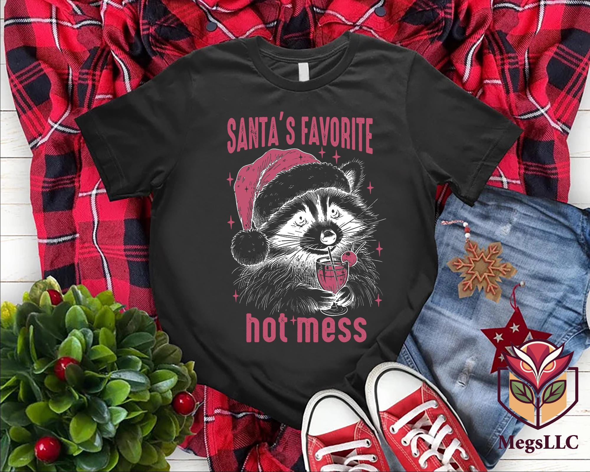 Santa's Hot Mess Raccoon Shirt, Funny Trendy Pink Merry Christmas ...