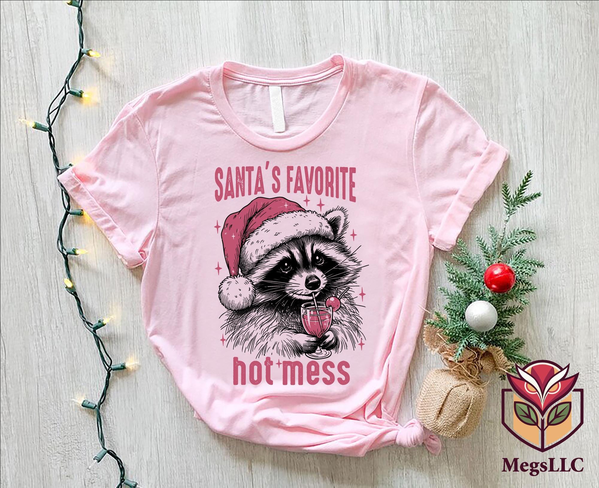 Santa's Hot Mess Raccoon Shirt, Funny Trendy Pink Merry Christmas ...