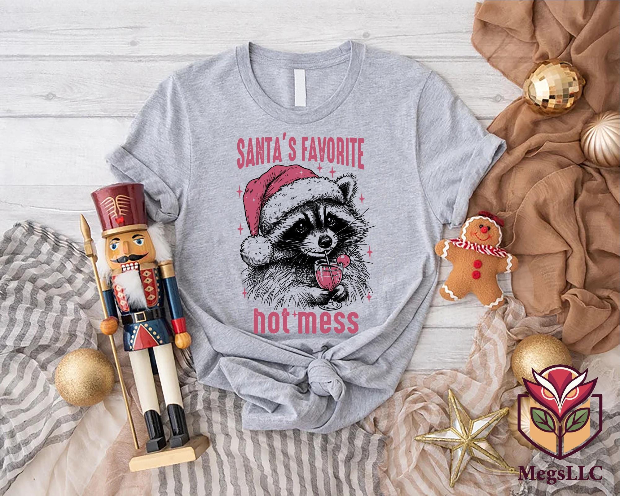Santa's Hot Mess Raccoon Shirt, Funny Trendy Pink Merry Christmas ...