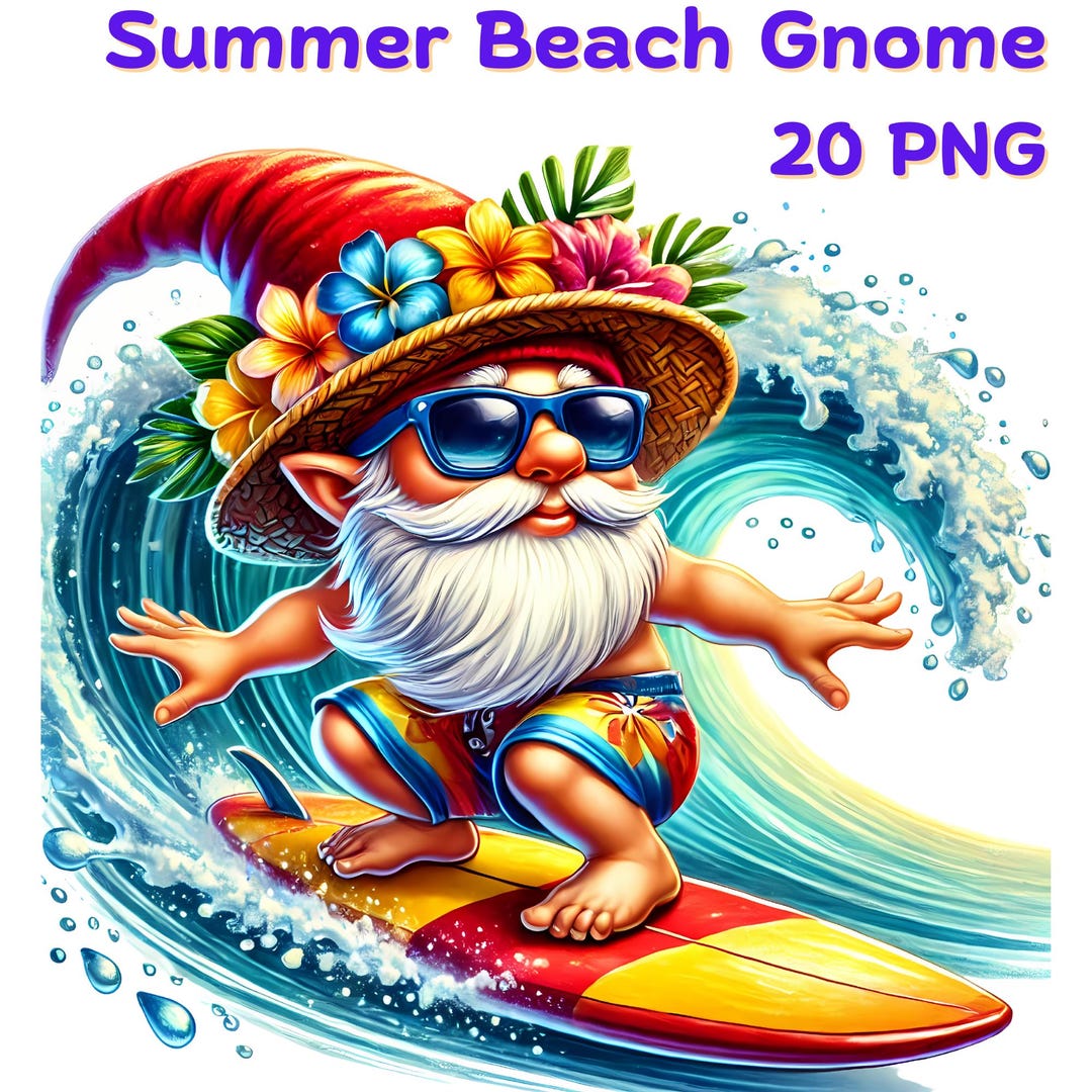 Watercolor Summer Beach Gnome Clipart Bundle, Tropical Vacation Gnome ...