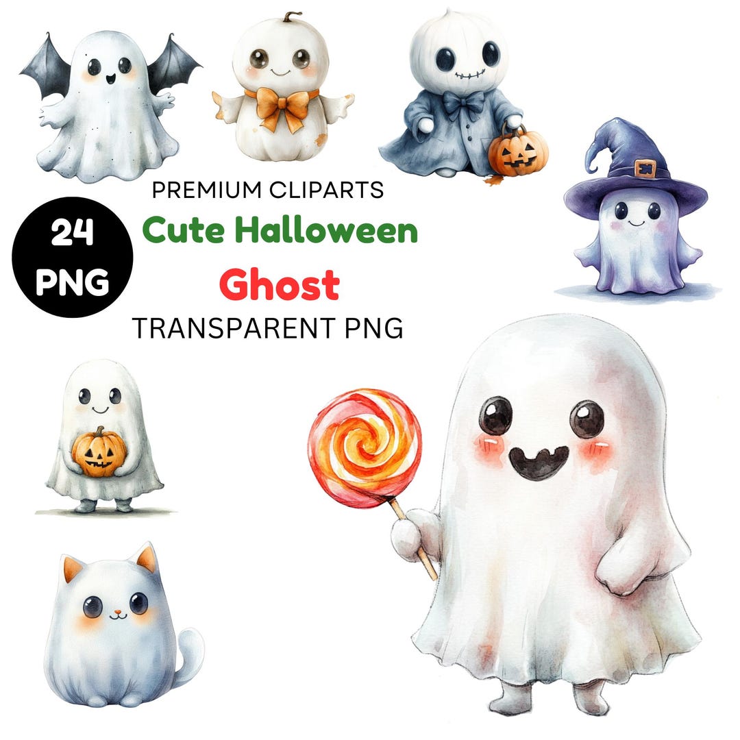 Cute Halloween Ghost Clipart Set, Kawaii Ghost PNG Bundle, Spooky Bat ...