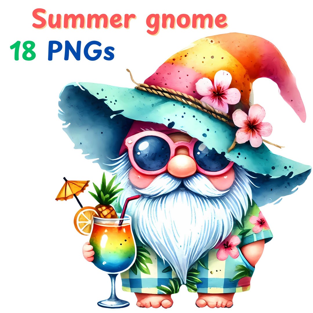 Watercolor Summer Gnome Clipart: Beach Vacation PNG Files - Etsy