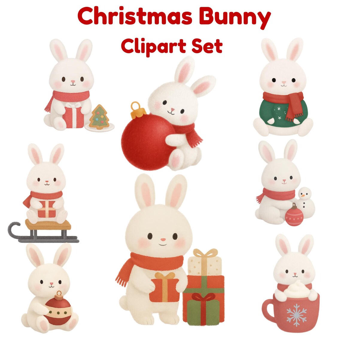 Christmas Bunny Clipart Set: Kawaii Holiday PNG Images (digital ...
