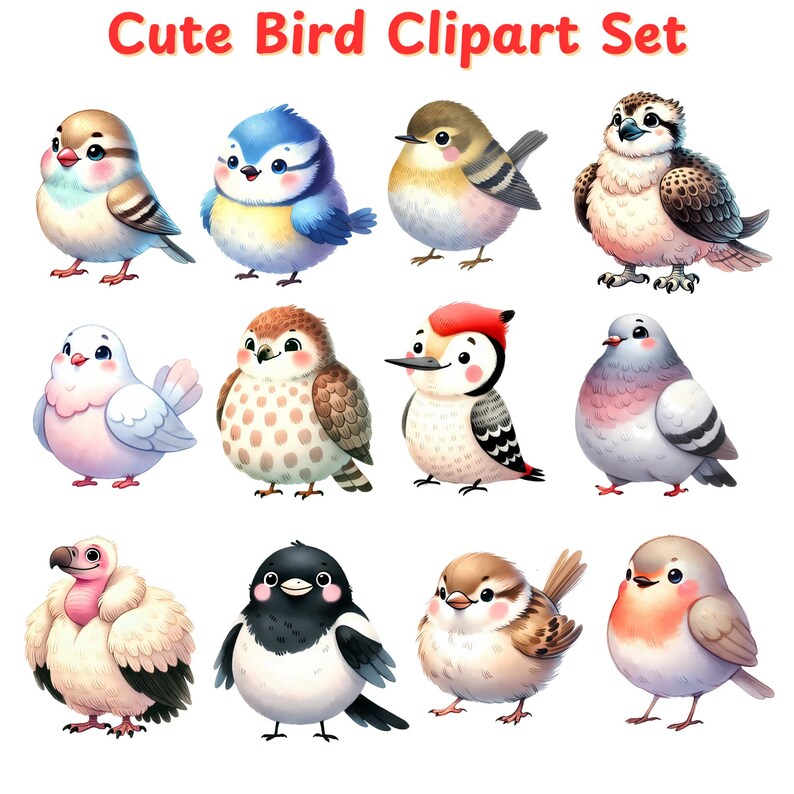 Watercolor Cute Bird Clipart Set, Cartoon Birds, Digital Download, Baby ...