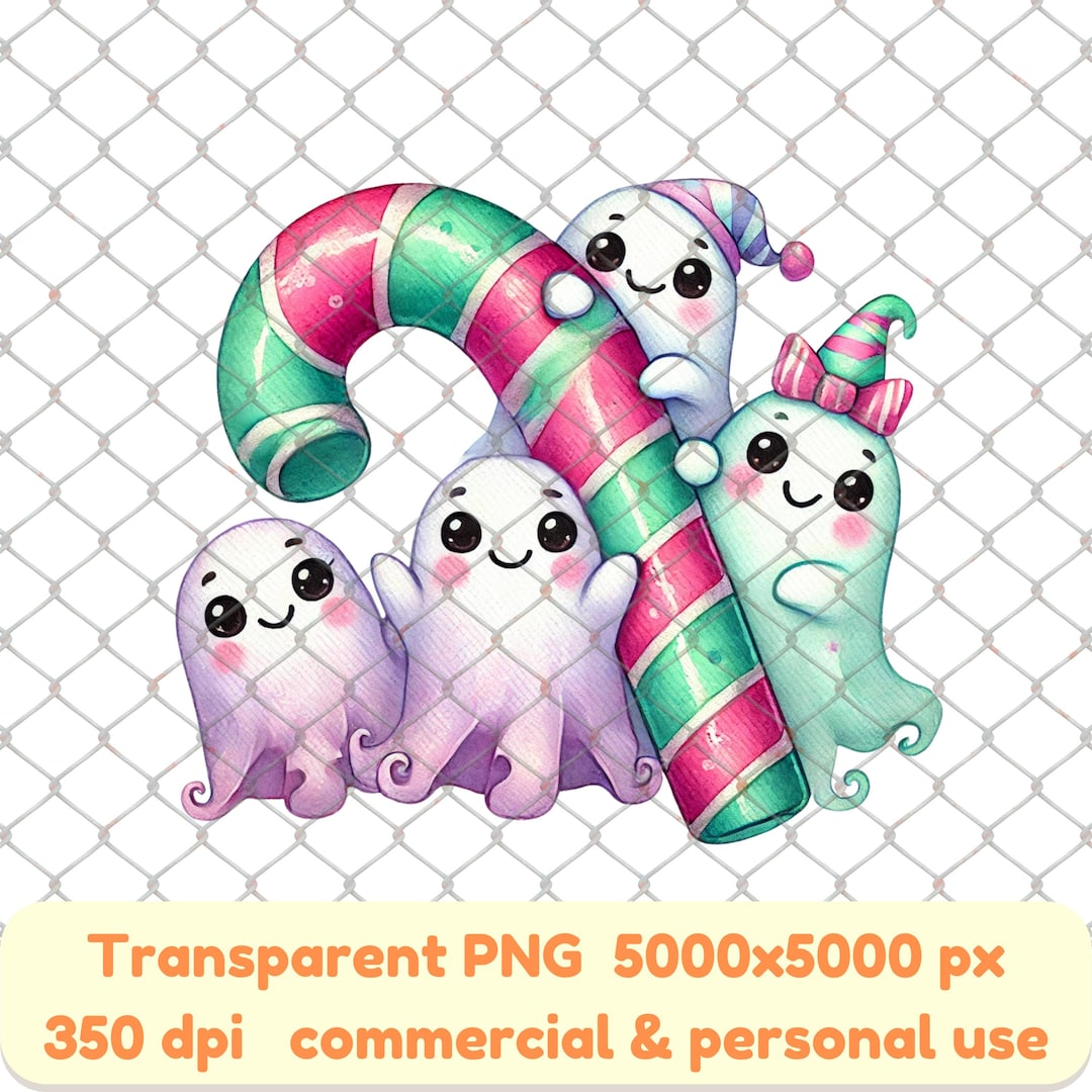 Cute Ghosts With Candy Cane PNG, Kawaii Halloween Clipart, Pastel Ghost ...