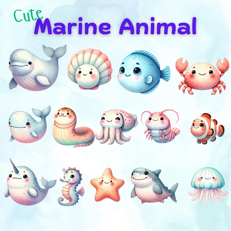 Cute Watercolor Marine Animal Clipart Set - Adorable Sea Creatures ...