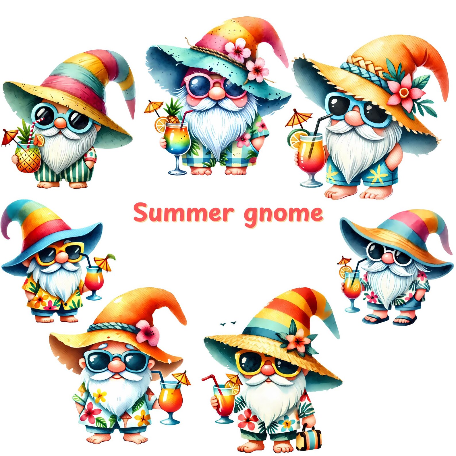 Watercolor Summer Gnome Clipart Collection, Beach Vacation Gnomes With ...