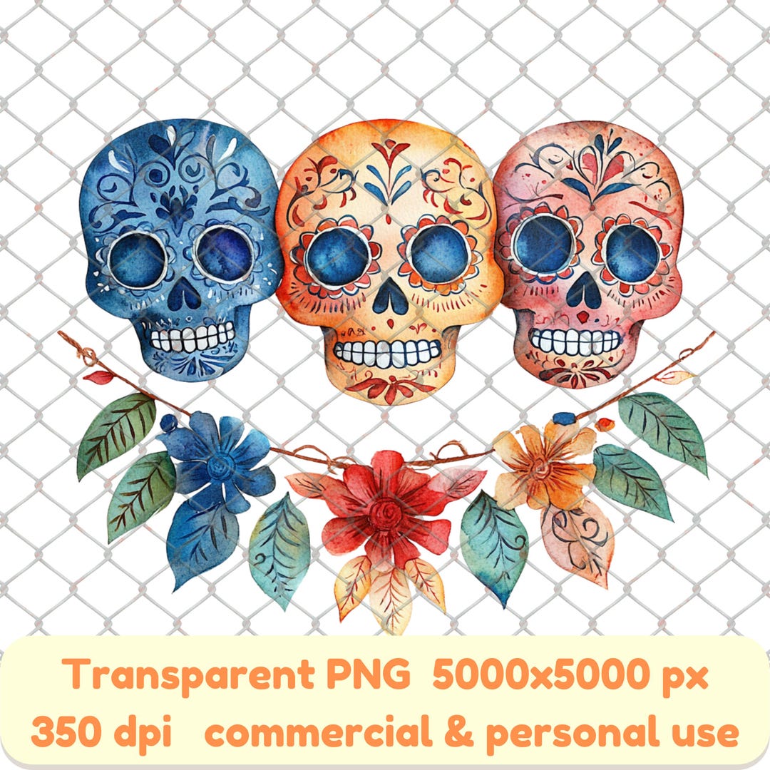 Watercolor Floral Sugar Skulls PNG, Day of the Dead Digital Art, Día De ...
