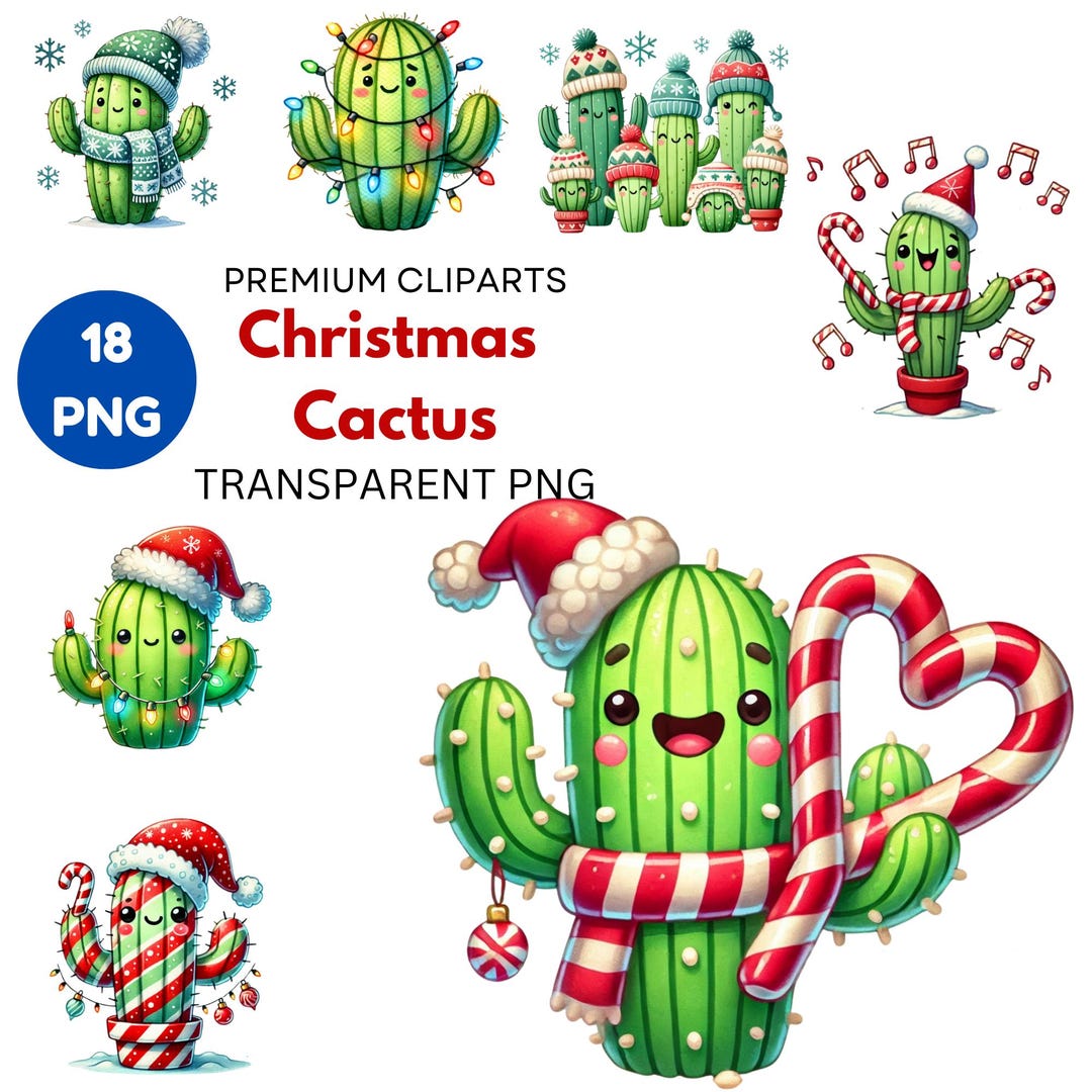 Christmas Cactus Clipart PNG Set – Festive Holiday Succulent Graphics ...