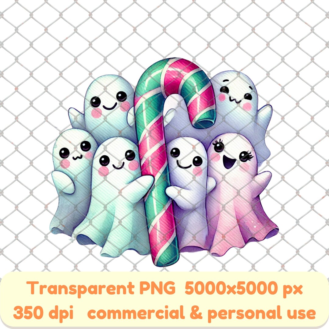 Kawaii Ghosts With Candy Cane PNG, Cute Halloween Clipart, Pastel Ghost ...