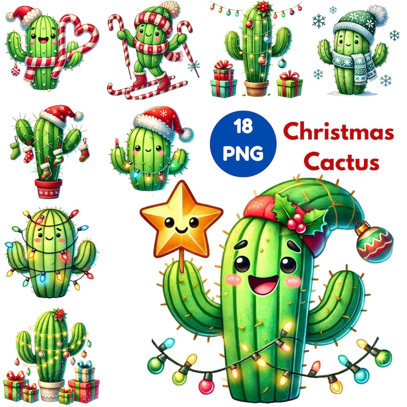 Christmas Cactus Clipart PNG Set – Festive Holiday Succulent Graphics ...