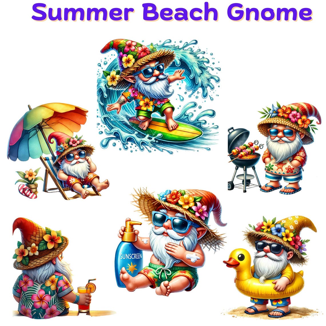 Summer Beach Gnome Clipart: Tropical Vacation PNG Set (digital Download ...