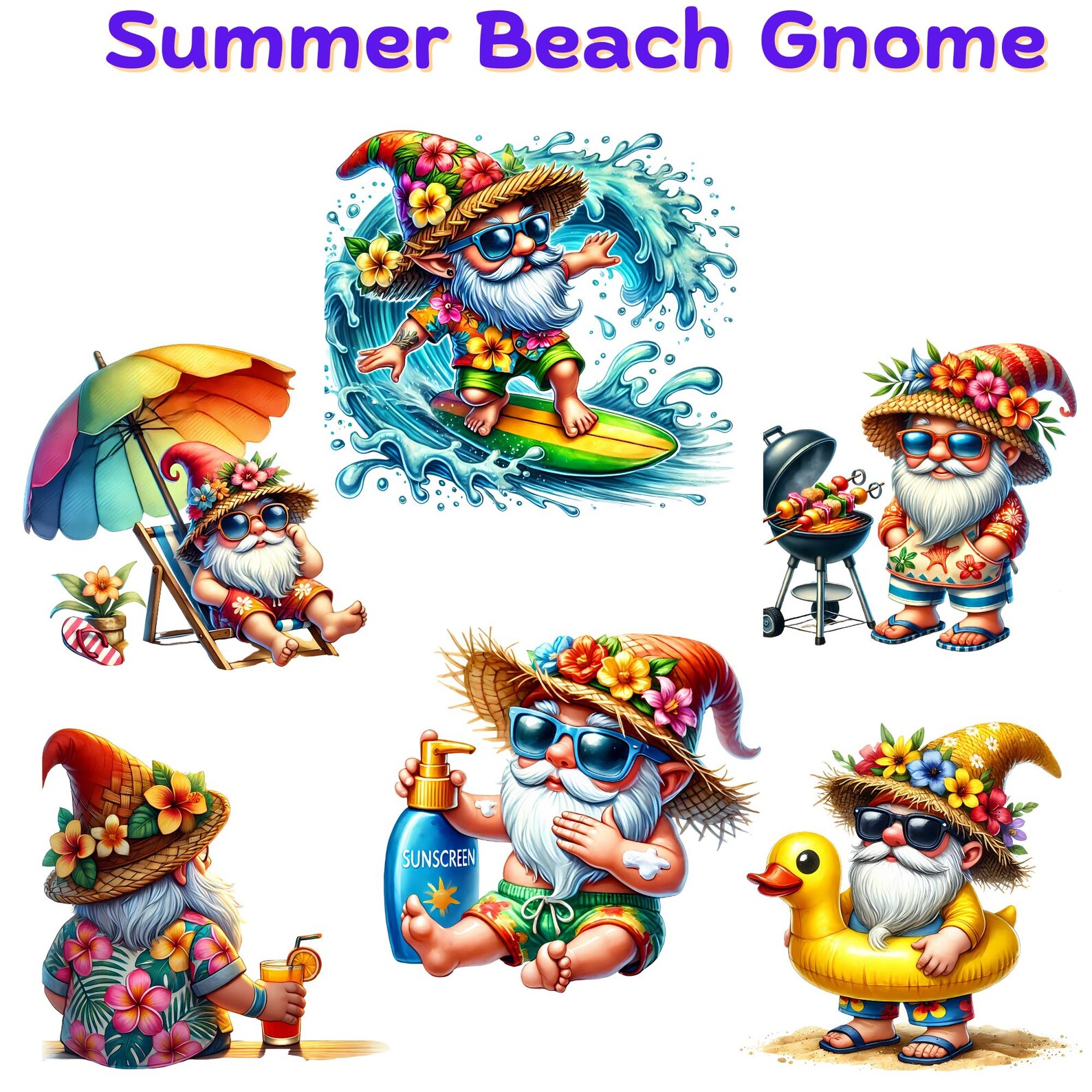 Watercolor Summer Beach Gnome Clipart Bundle, Tropical Vacation Gnome ...