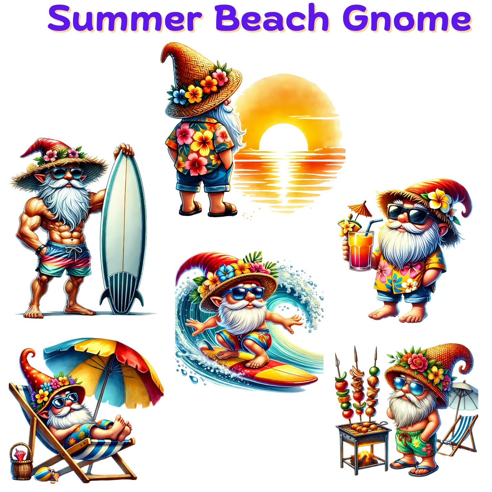 Watercolor Summer Beach Gnome Clipart Bundle, Tropical Vacation Gnome ...