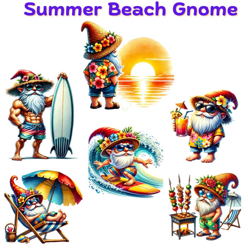 Watercolor Summer Beach Gnome Clipart Bundle, Tropical Vacation Gnome ...