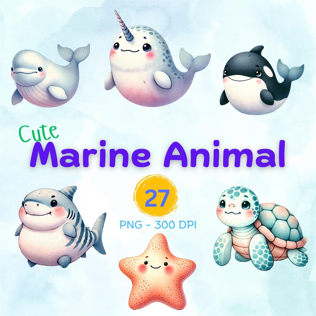 Cute Watercolor Marine Animal Clipart Set - Adorable Sea Creatures ...