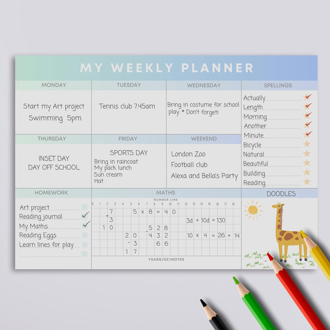 Weekly Planner Printable for Kids Ages 5-11, Undated Desk Planner ...