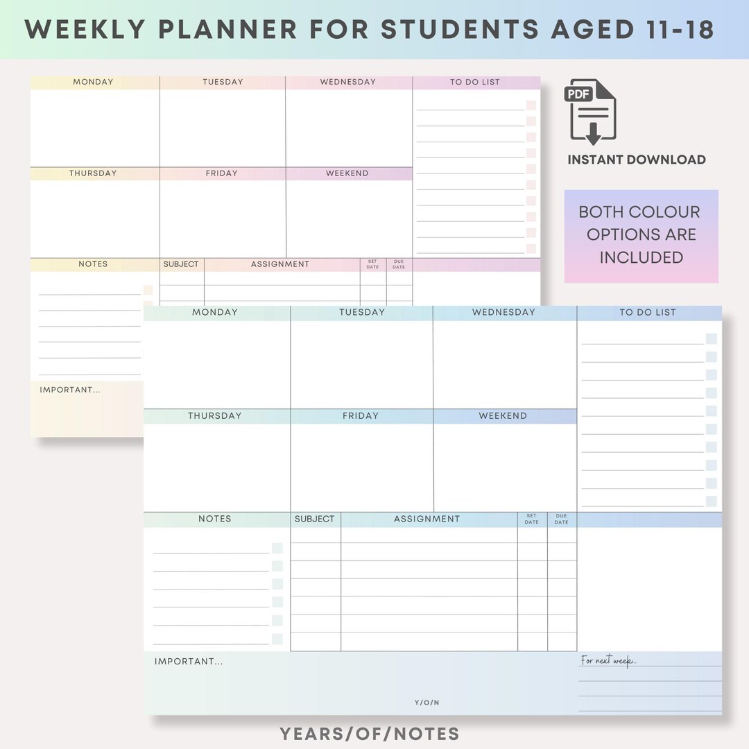 Kids Weekly Planner Printable | Undated Homework Planner for Ages 11–18 ...
