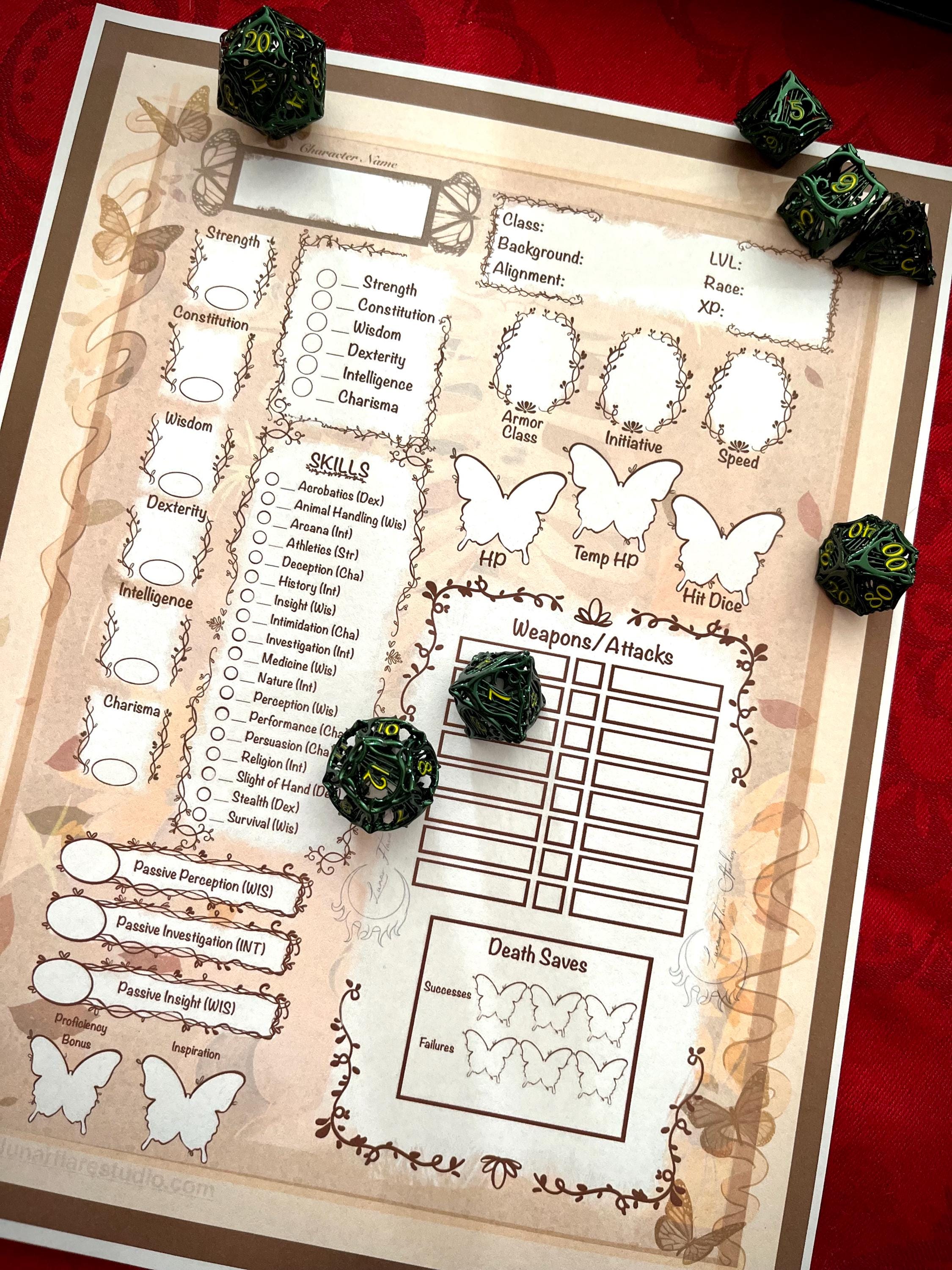 Butterfly Themed Dnd 5e Character Sheet Digital Download - Etsy