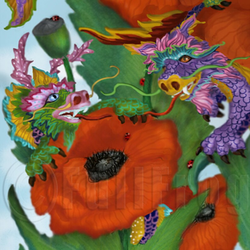Dragons and Poppies Print - Etsy