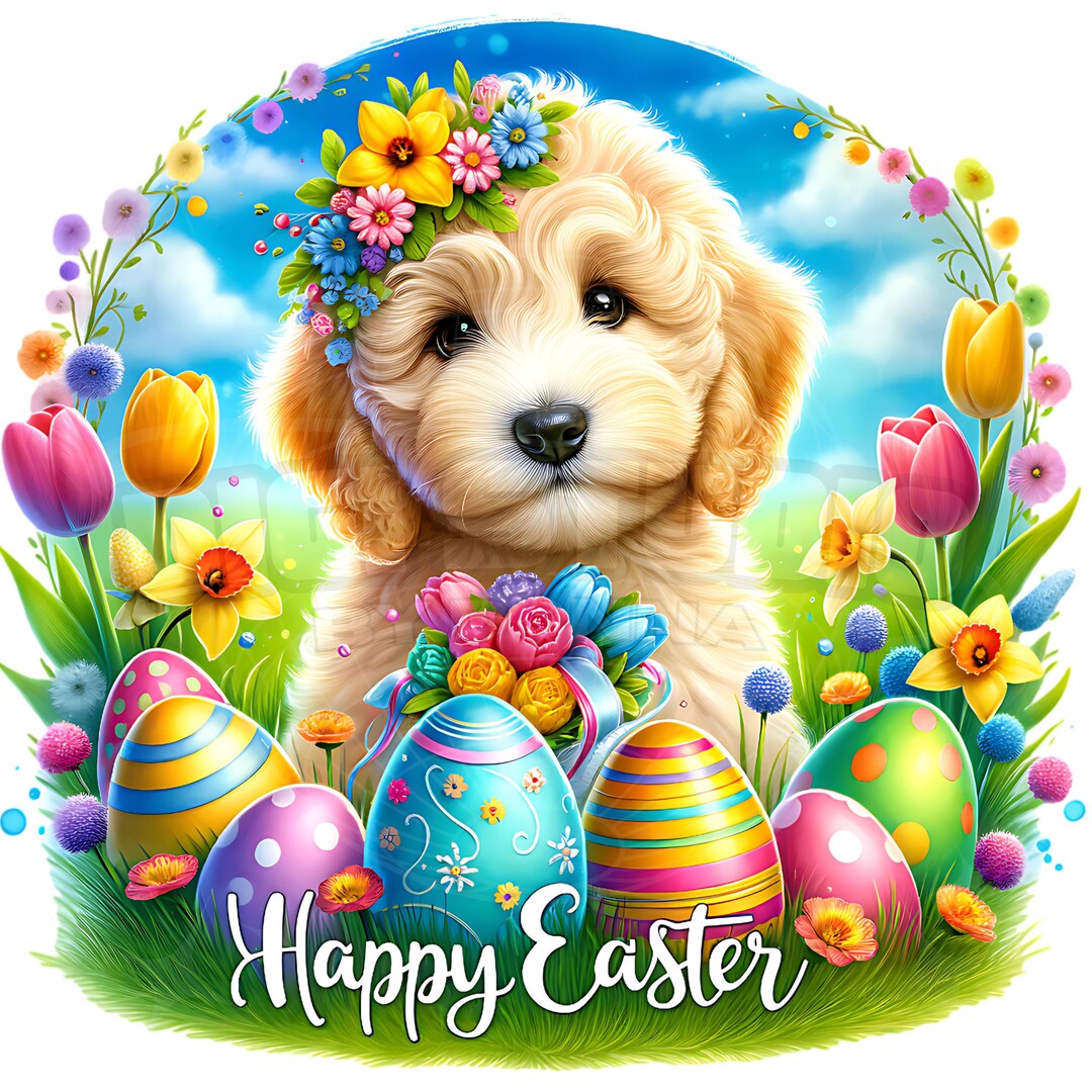 Easter Puppy Clipart: Floral Dog, Colorful Eggs PNG (digital Download ...