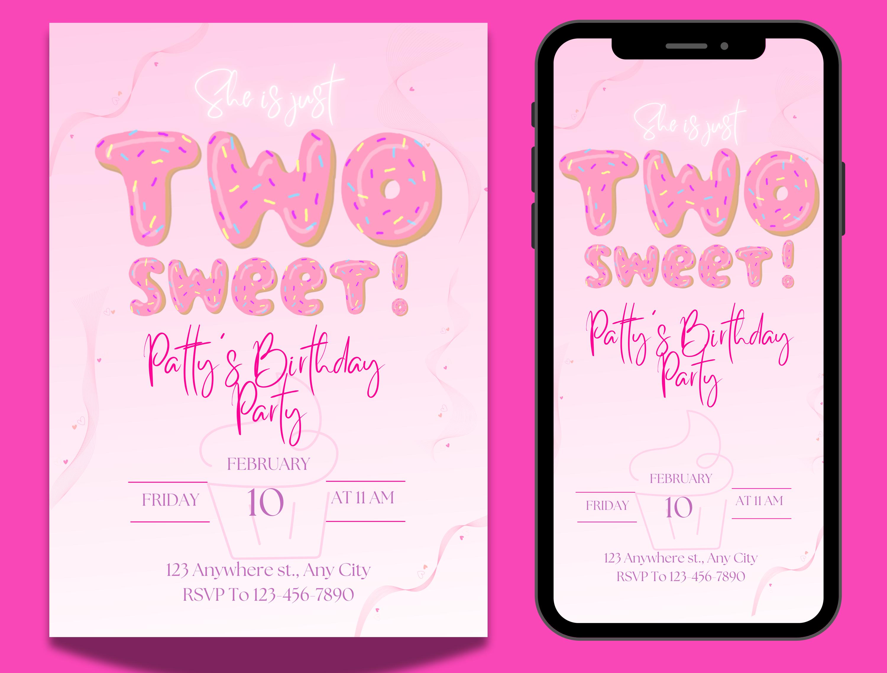 Two Sweet Birthday Invitation: Editable Second Birthday Template ...