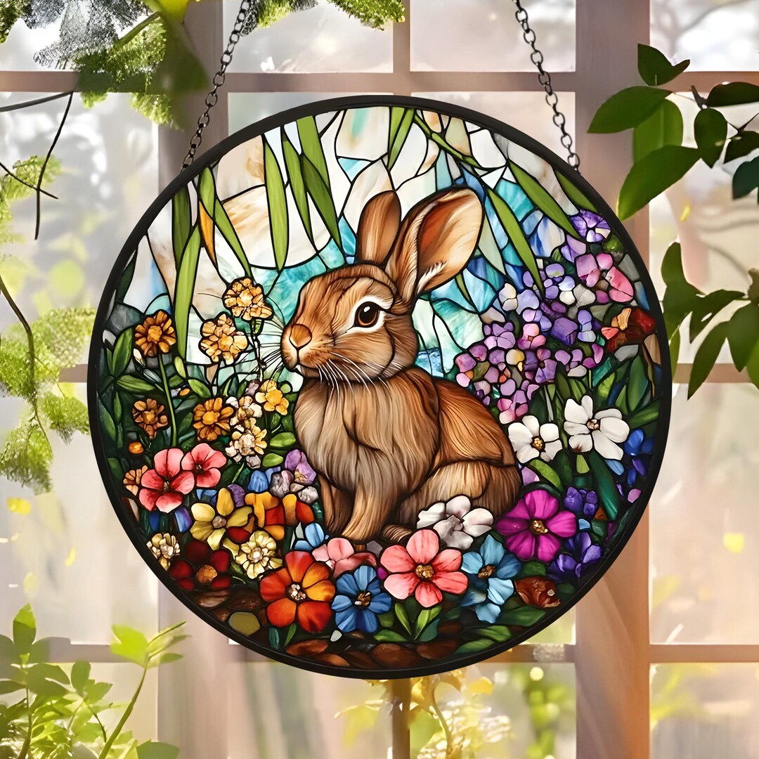 Easter Bunny Flower Faux Stained Glass Suncatcher, Rabbit Sucatcher ...