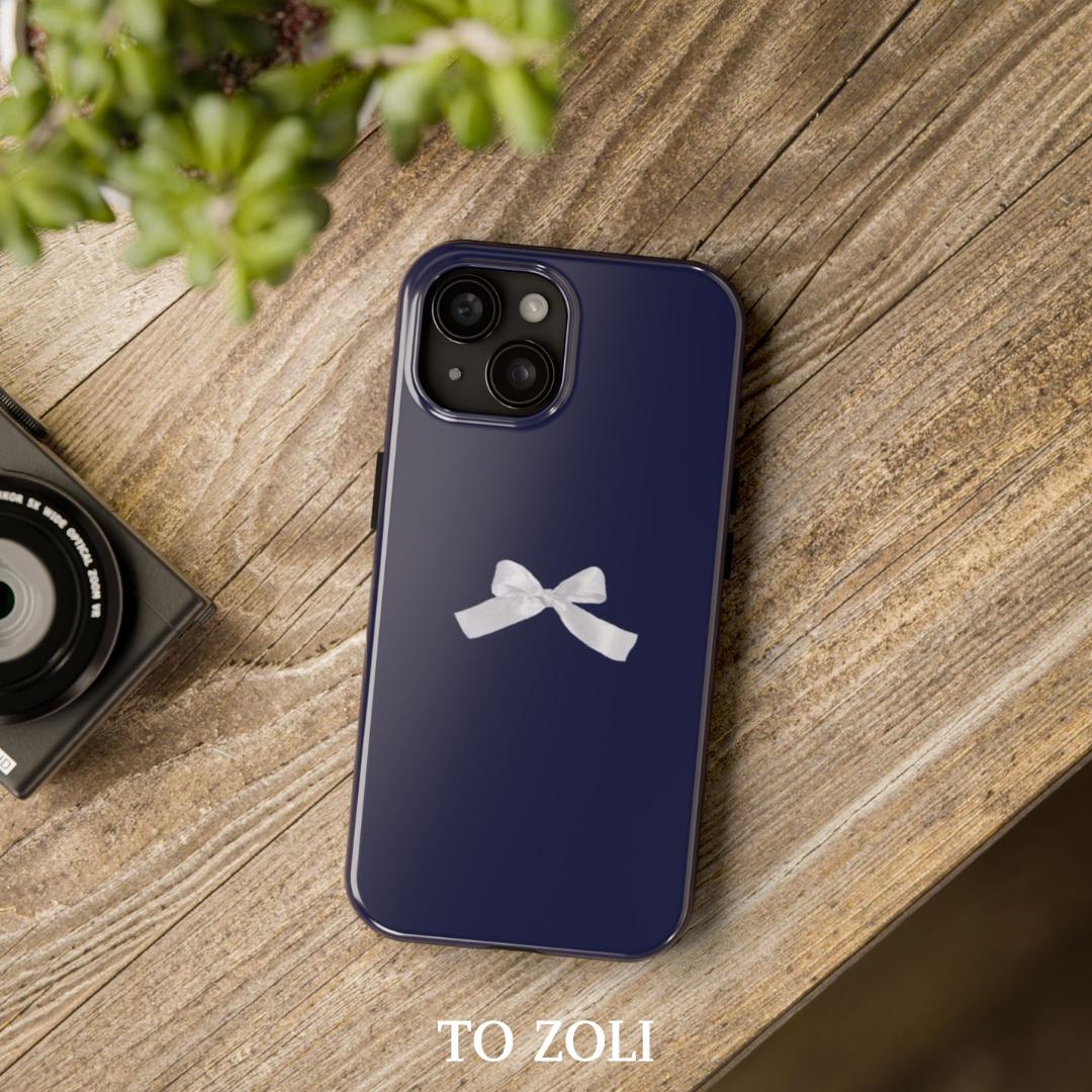 Navy Background White Bow Ribbon Phone Case iPhone 16 15 14 13 12 11 ...