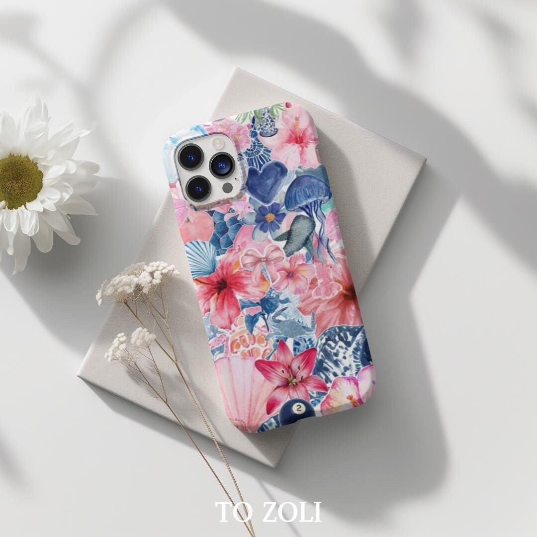 Blue Pink Collage Pattern Scrapbook Phone Case | iPhone 16 15 14 13 12 ...