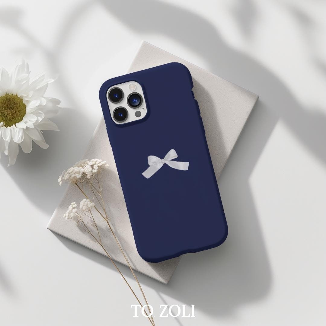 Navy Background White Bow Ribbon Phone Case | iPhone 16 15 14 13 12 11 ...