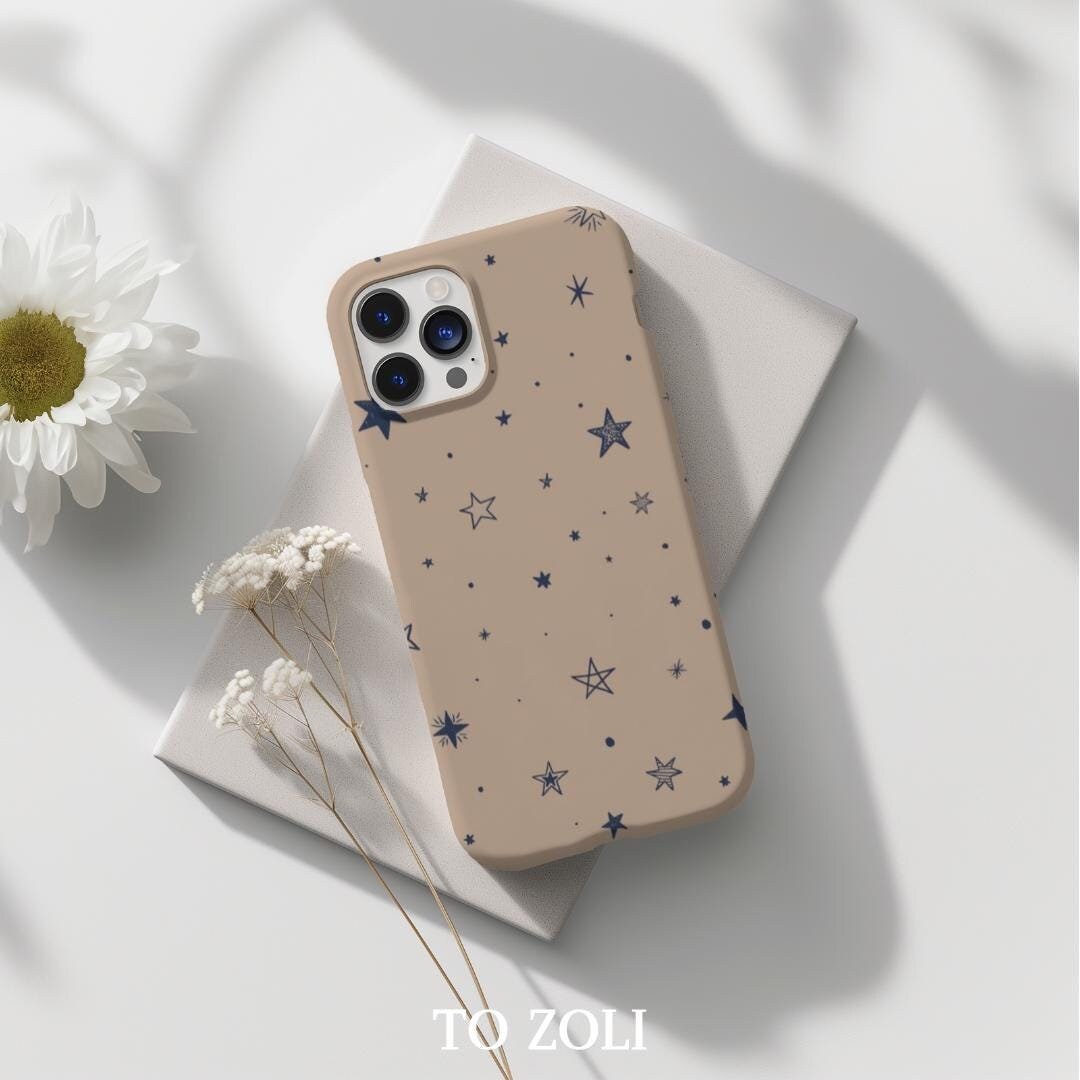 Beige Background Navy Handwritten Star Pattern Phone Case iPhone 16 15 ...