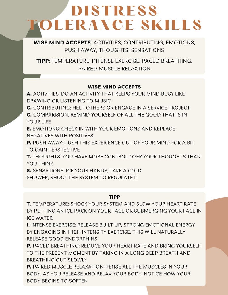 DBT Distress Tolerance Skills - Etsy