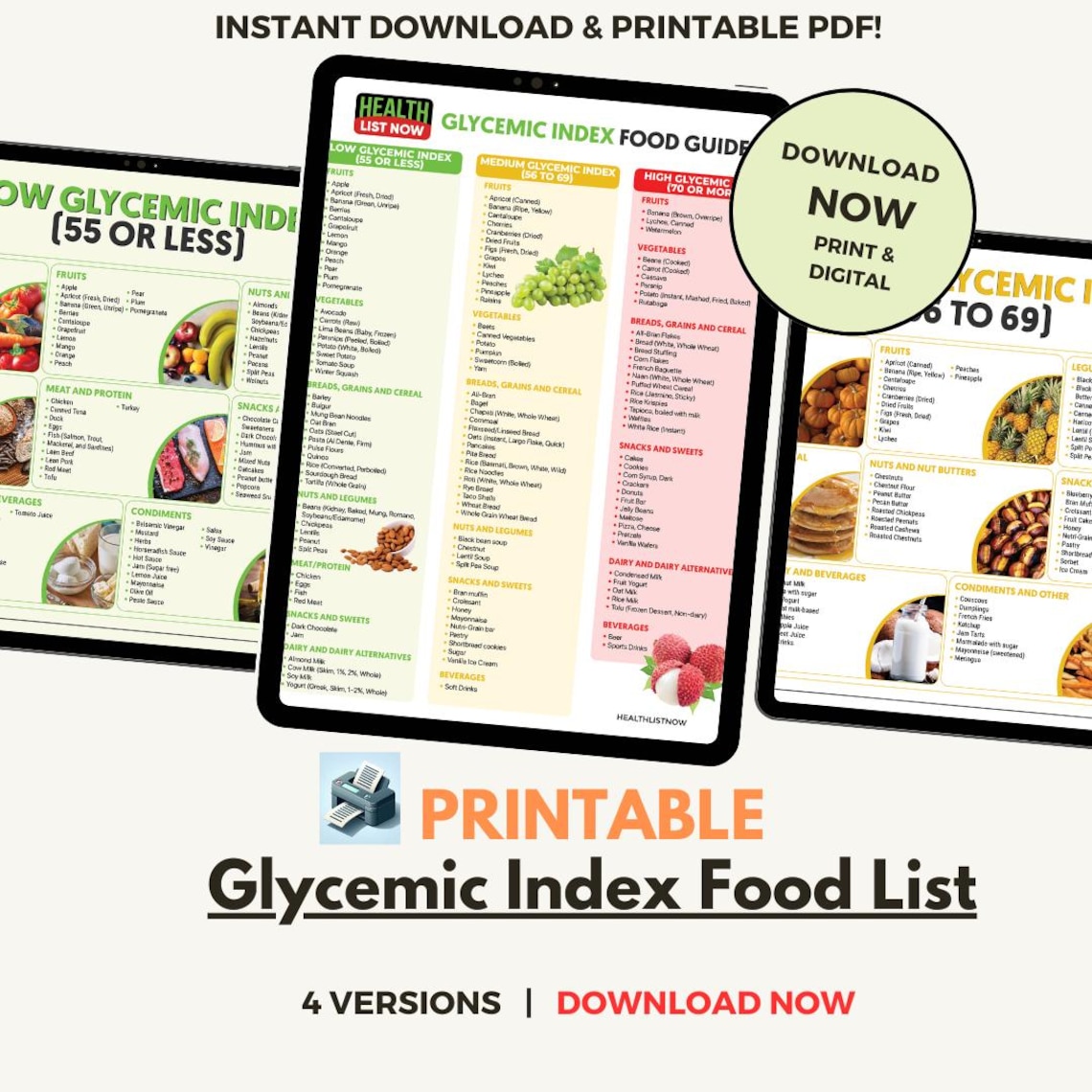 Glycemic Index Food List, Printable Shopping List PDF, Low Glycemic ...