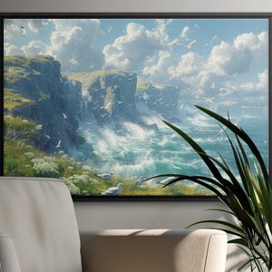 Coastal Cliffside Ocean Waves Wall Art, Seagulls and Cliffs Canvas ...