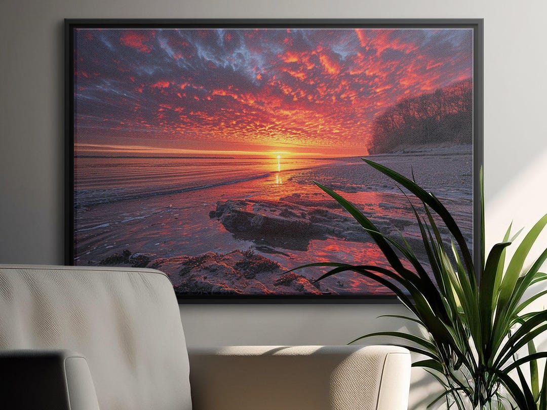Red Sunset Beach Print, Sunrise Over Ocean Wall Art, Seaside Landscape ...