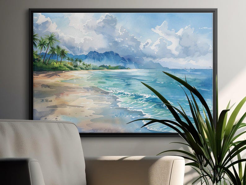 Tropical Beach Scene Wall Art, Ocean Waves Coastal Print, Palm Trees ...