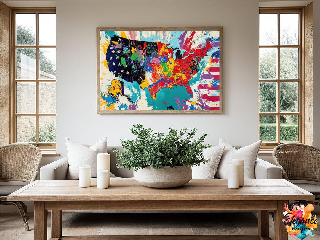 Vibrant USA Map Wall Art, Colorful Abstract United States Poster ...